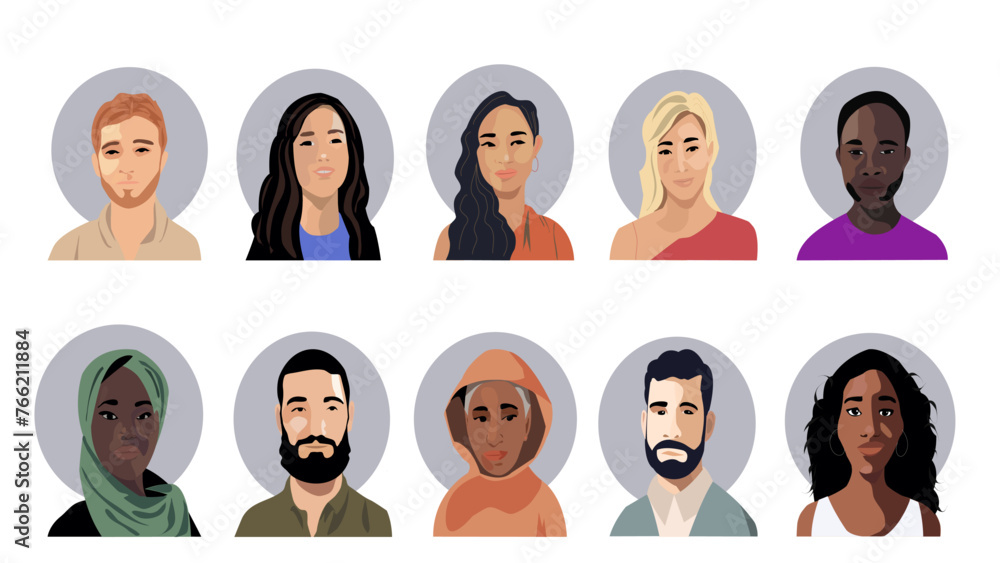Retrato de personas de diferente razas y colores con circulo detrás de ...