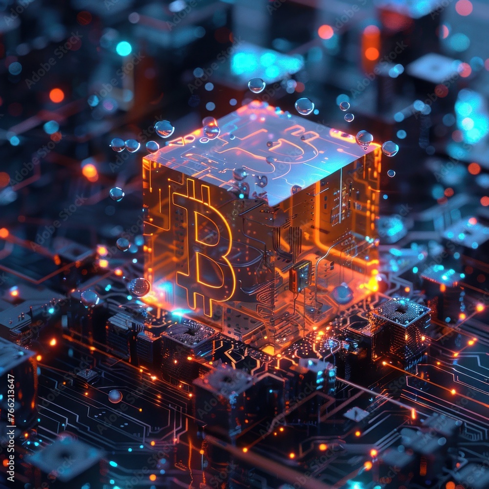 Le symbole du bitcoin sur un bloc numérique holographique coloré ...