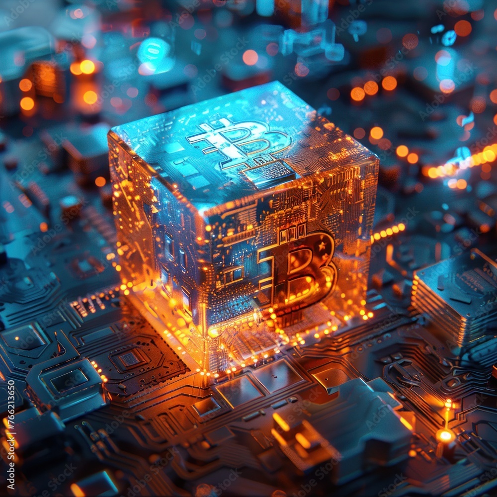 Le symbole du bitcoin sur un bloc numérique holographique coloré ...