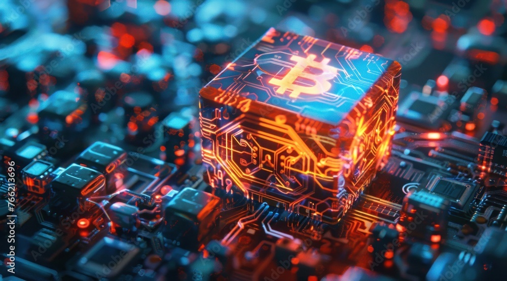 Le symbole du bitcoin sur un bloc numérique holographique coloré ...