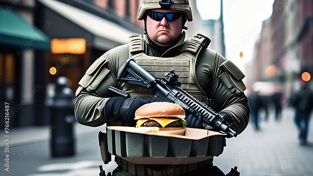 A very fat man in a military uniform with a machine gun and in full ...
