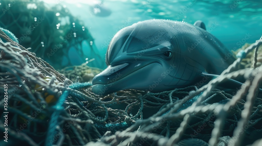 Dolphin in Ocean's Plight, poignant underwater scene capturing a ...