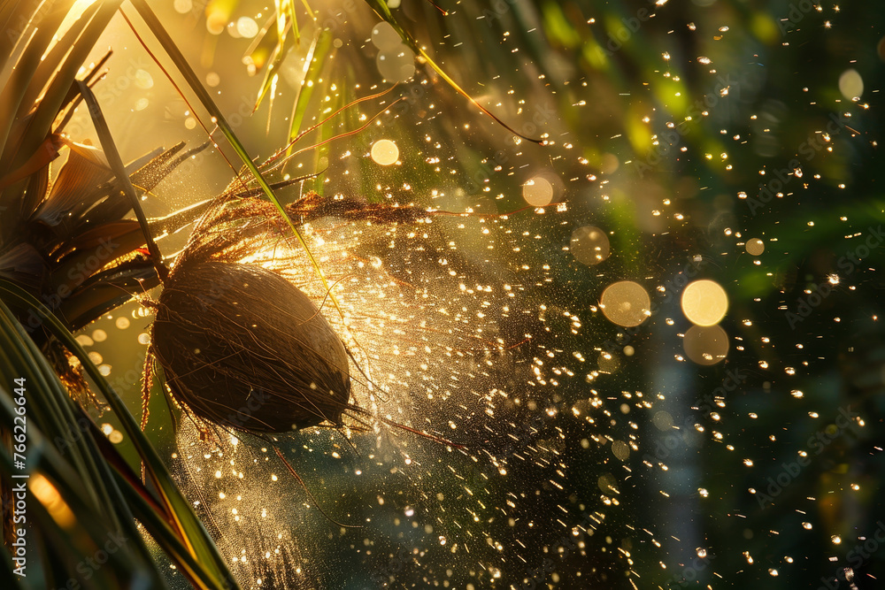 A detailed image of a coconut falling from a palm tree, water droplets ...