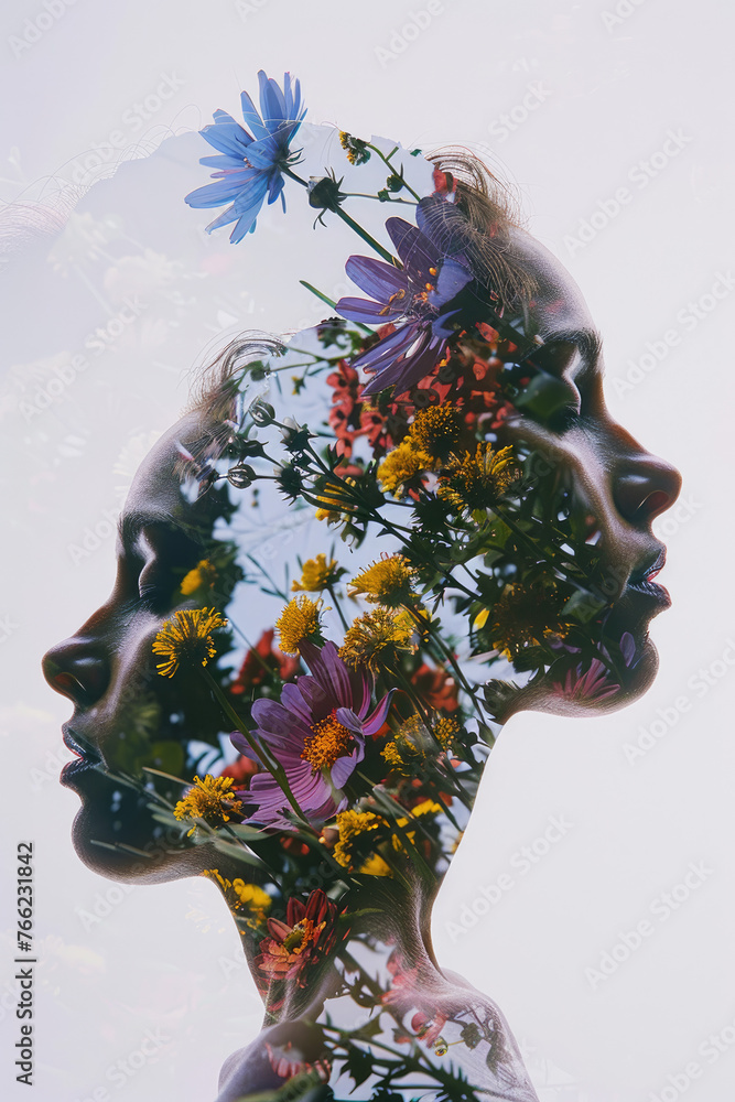 Double exposure phot of two faces back to back and flowers in ...