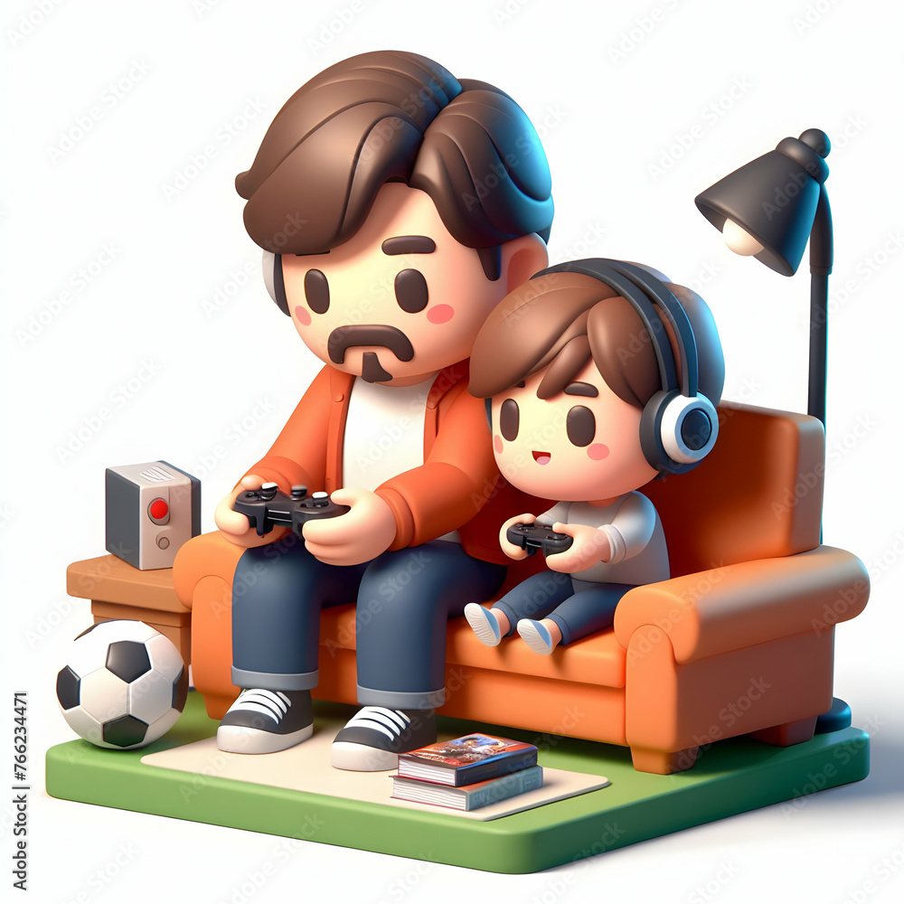 3D flat cute chibi icon for Father playing video games with his ...