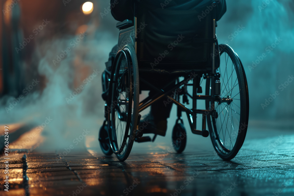 Man in wheelchair with mobility disability on dramatic dark background ...