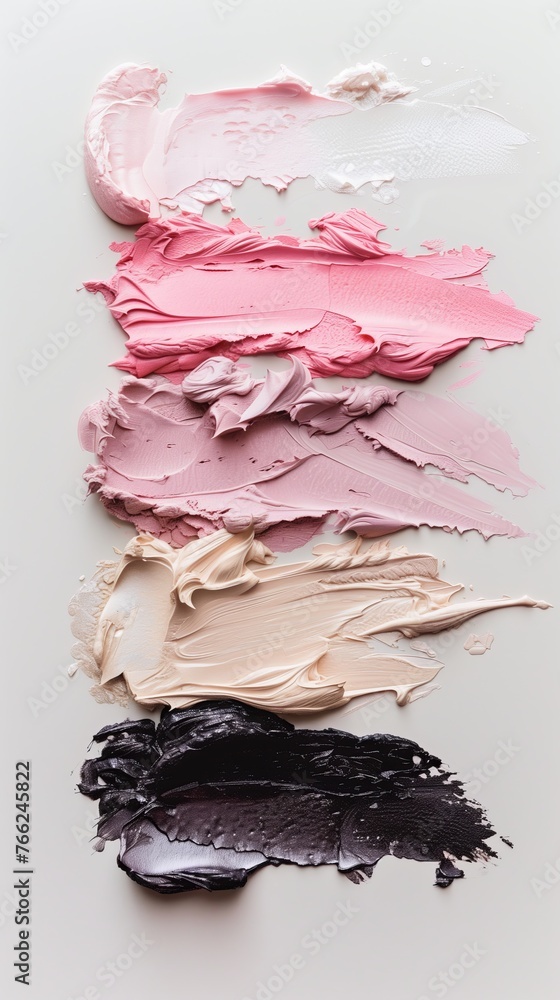 Swatches of cosmetic samples - cream, lipstick, eyeshadow, and blush ...