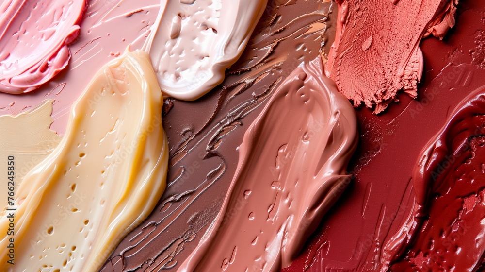 Swatches of cosmetic samples - cream, lipstick, eyeshadow, and blush ...