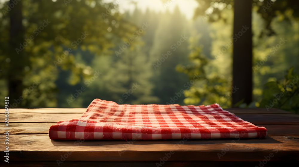 a red checkered tea towel on the edge of a table with background of ...