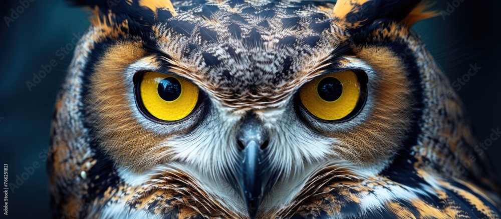 A close up of an owls head featuring yellow eyes, a sharp beak, and ...