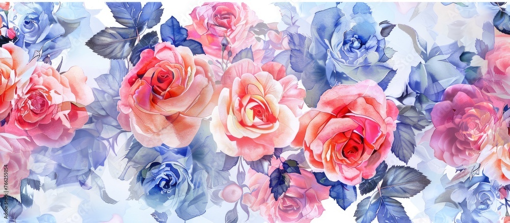 A creative arts piece featuring a bunch of pink and blue roses on a ...