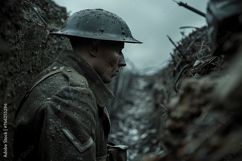 A weary British WW1 soldier in uniform, standing in a trench with a sad ...