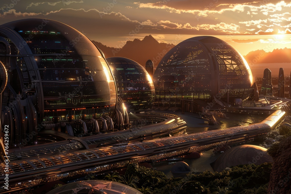 Futuristic space colony on remote planet with sleek domed habitats ...