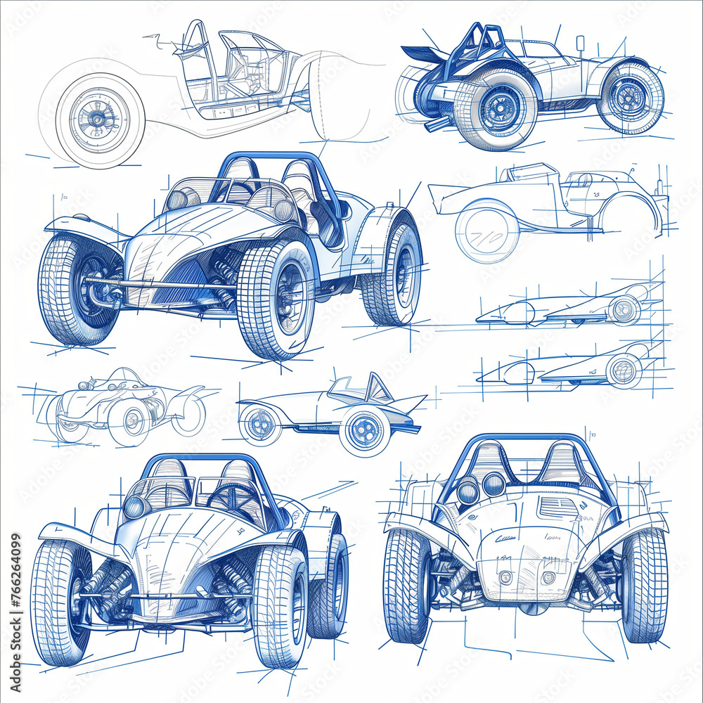 Detailed technical drawing of an open-top dune buggy, with blue lines ...