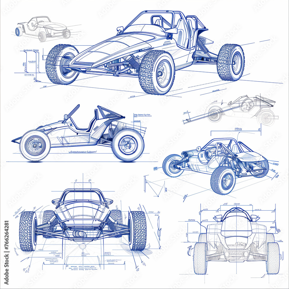 Detailed Technical Drawing Of An Open Top Dune Buggy With Blue Lines On White Paper Showcasing