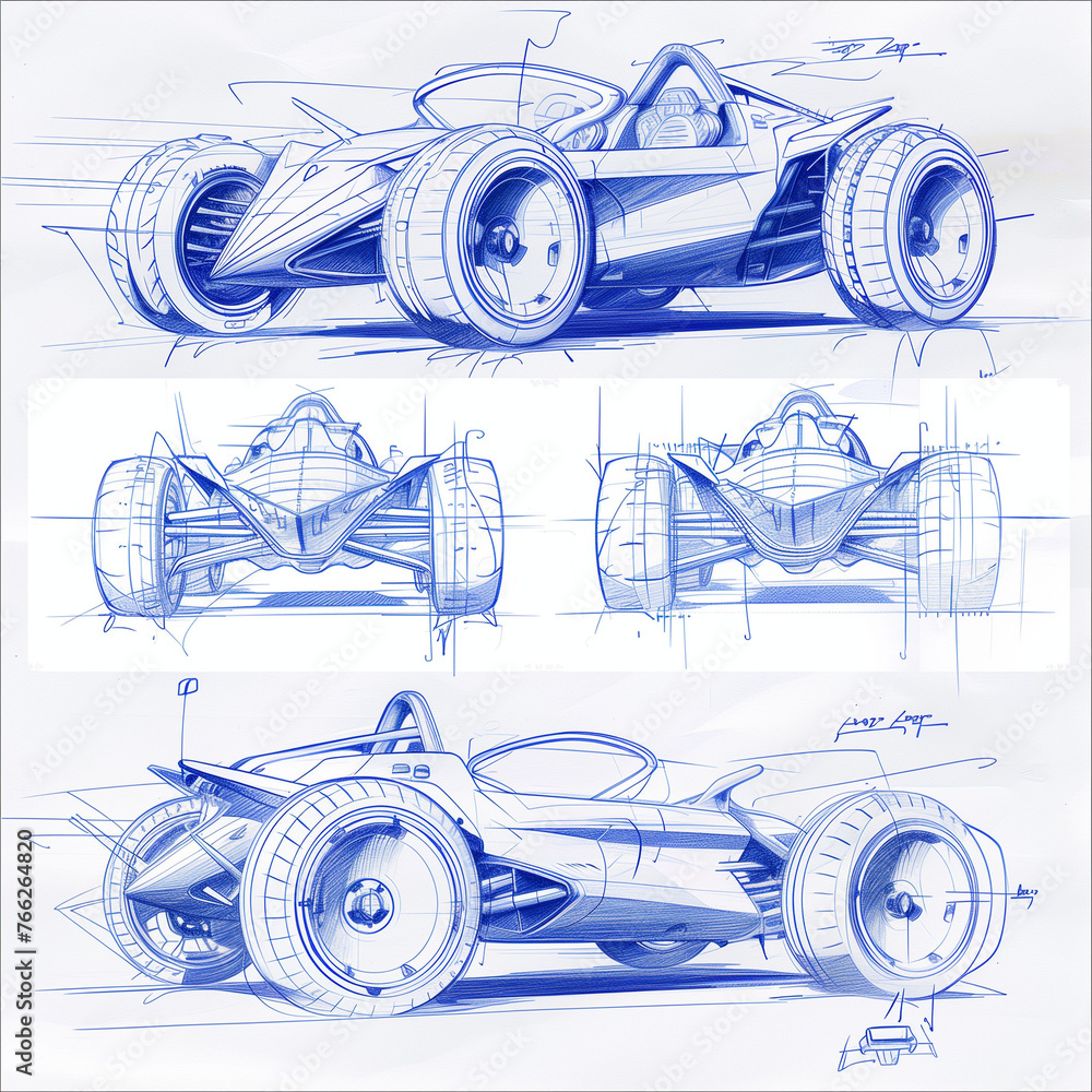 Detailed technical drawing of an open-top dune buggy, with blue lines ...