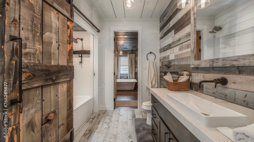 A modern farmhouse bathroom with barnwood accents, a trough sink, and a ...