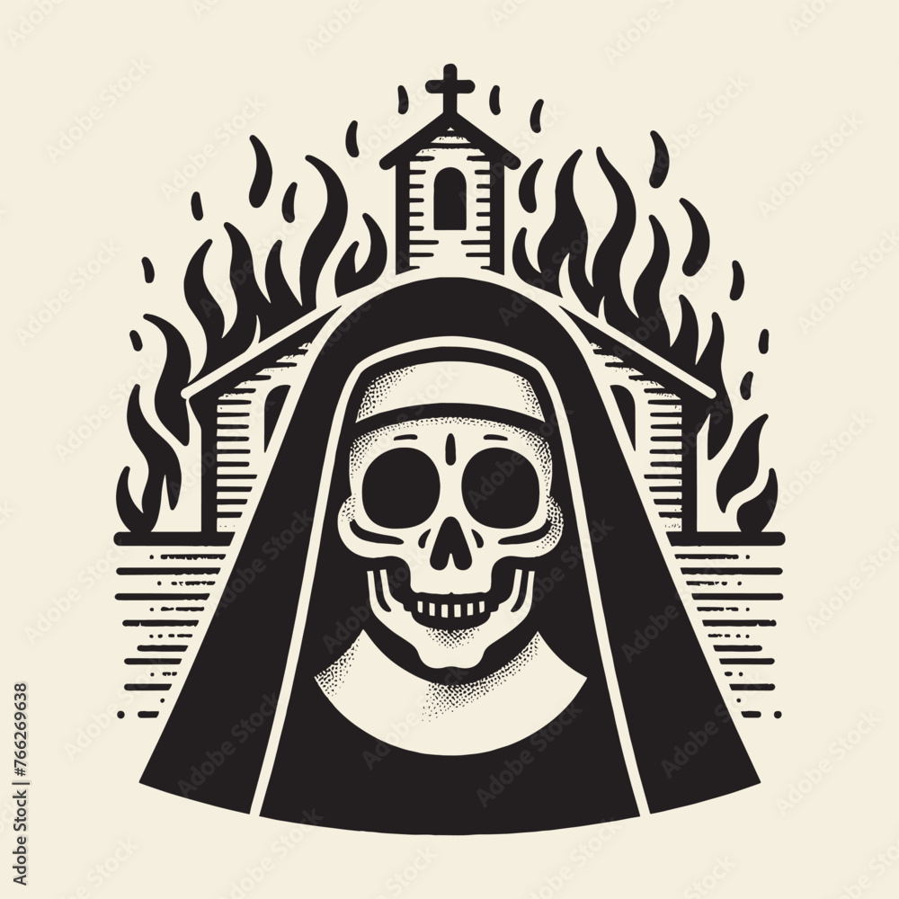 Skeleton of an evil nun and a burning church. outline black vector ...