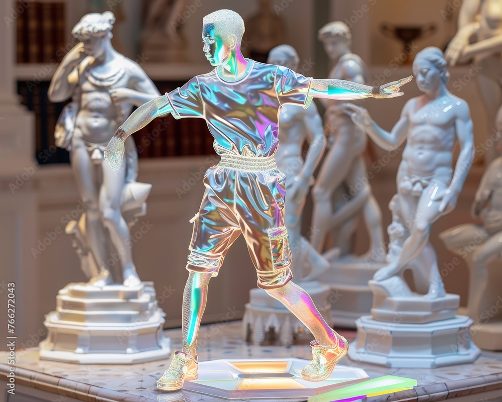 A dynamic holographic figure in hip-hop attire strikes a pose among a ...
