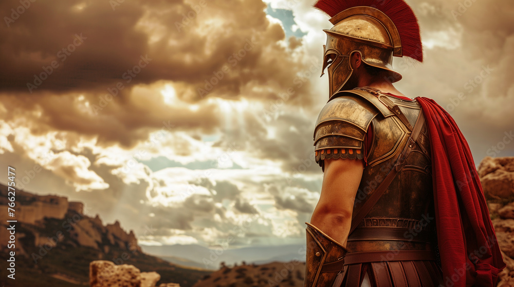medieval roman gladiator in armor wearing helmet standing against the ...