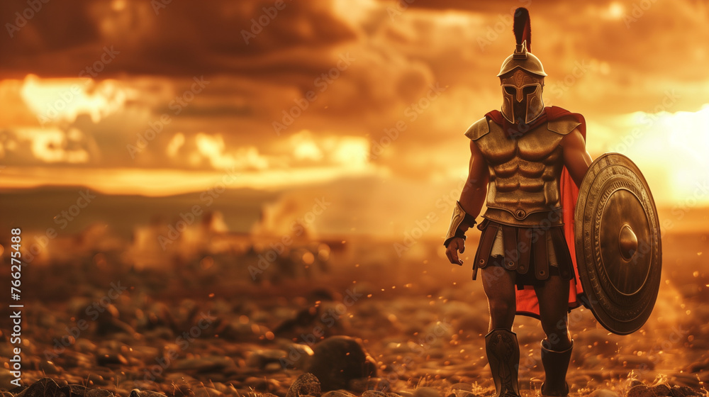 medieval roman gladiator in armor wearing helmet standing against the ...