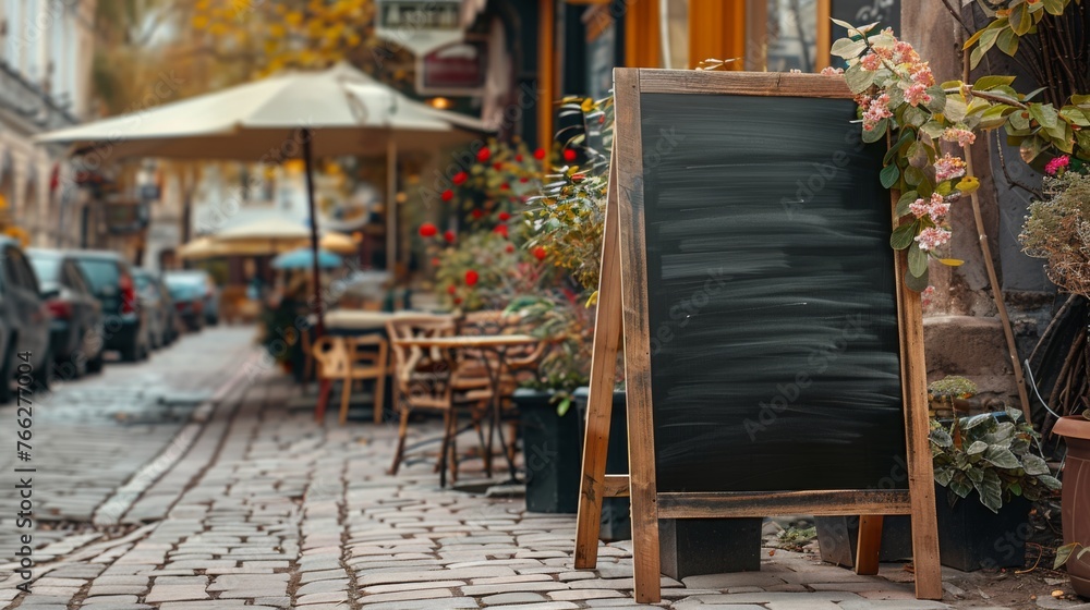 Blank restaurant shop sign or menu boards near the entrance to ...