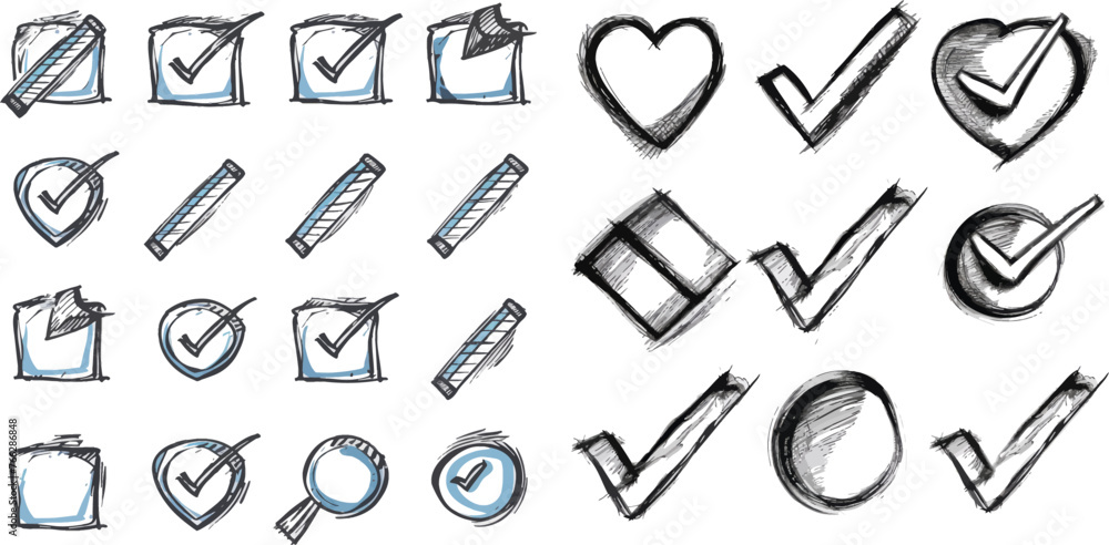 Check signs sketch, voting agree checklist mark or examination task ...