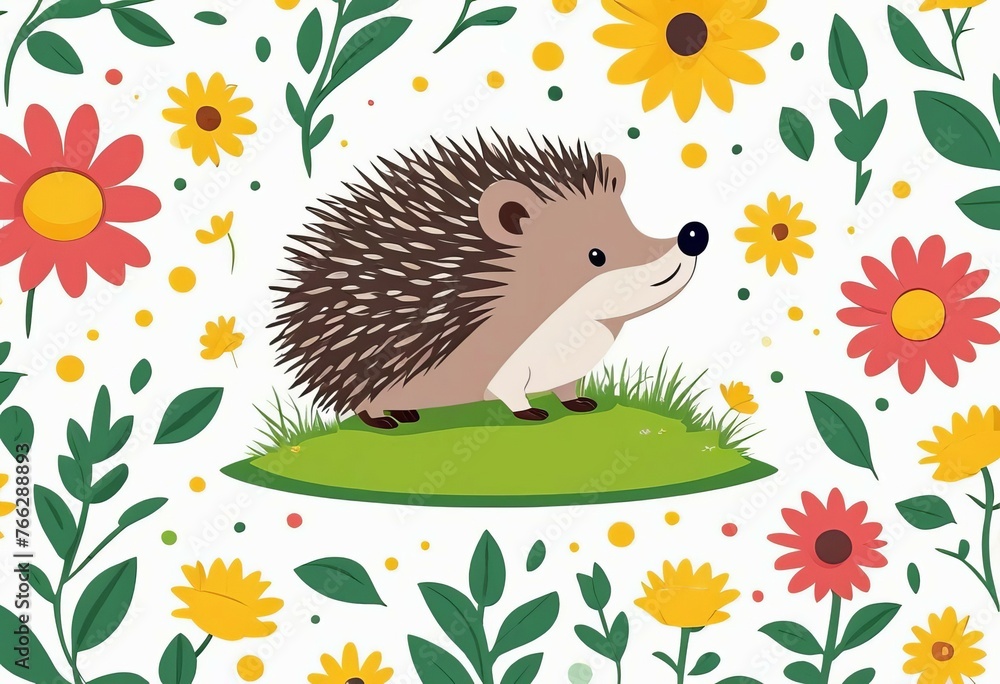 Cute cartoon baby hedgehog with a bouquet of flowers in the meadow ...
