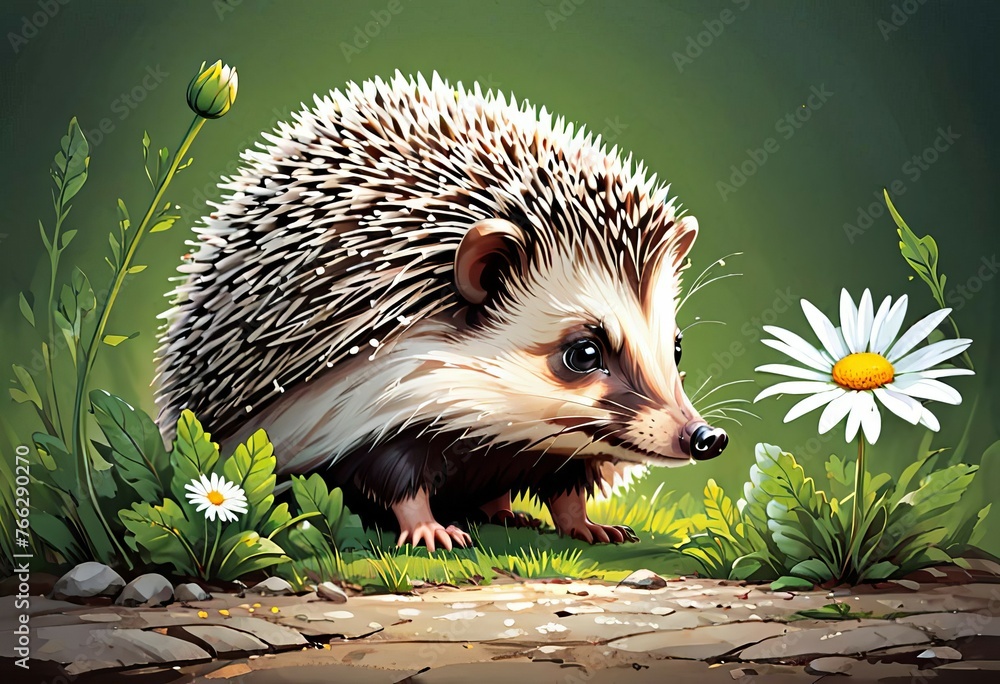Cute cartoon baby hedgehog with a bouquet of flowers in the meadow ...