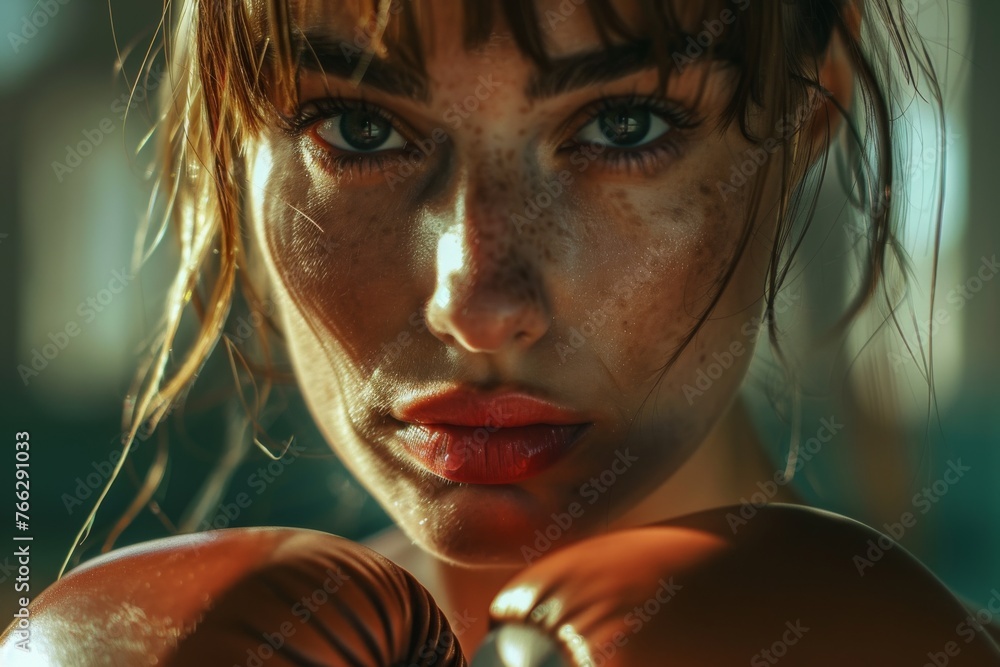 Closeup a female model 20s boxer with bandaged hands in a boxing smooth ...