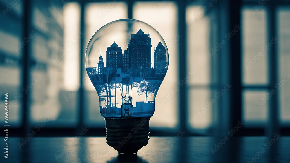light bulb with silhouette of detailed building blueprint encapsulated ...