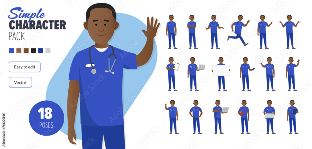 Simple flat 2d male black nurse man vector character in a set of ...