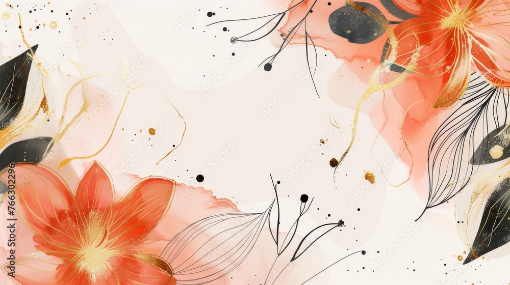 Elegant invitation card background with flower and leaves in golden ...