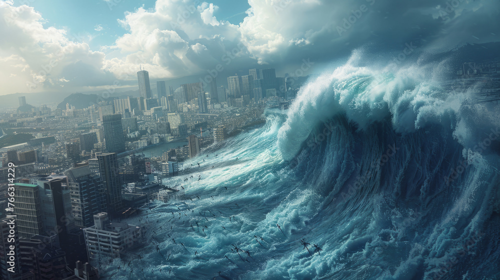 An apocalyptic scene where a massive tidal wave looms over a modern ...
