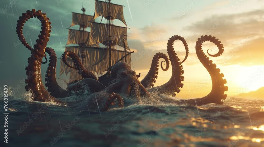 Dramatic showdown: A colossal octopus confronts a pirate ship, its ...