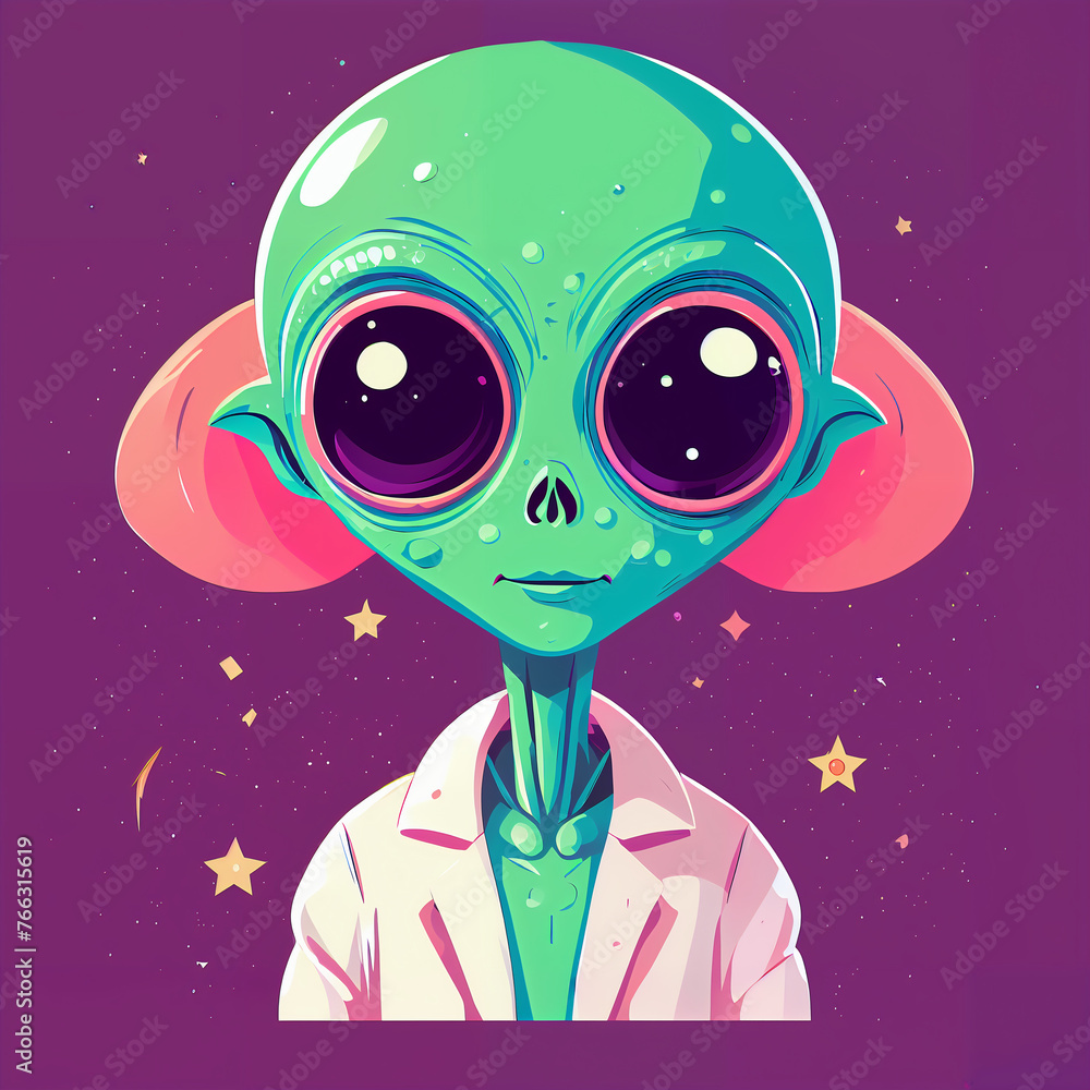 An illustration featuring an alien floating amidst a cosmic landscape ...