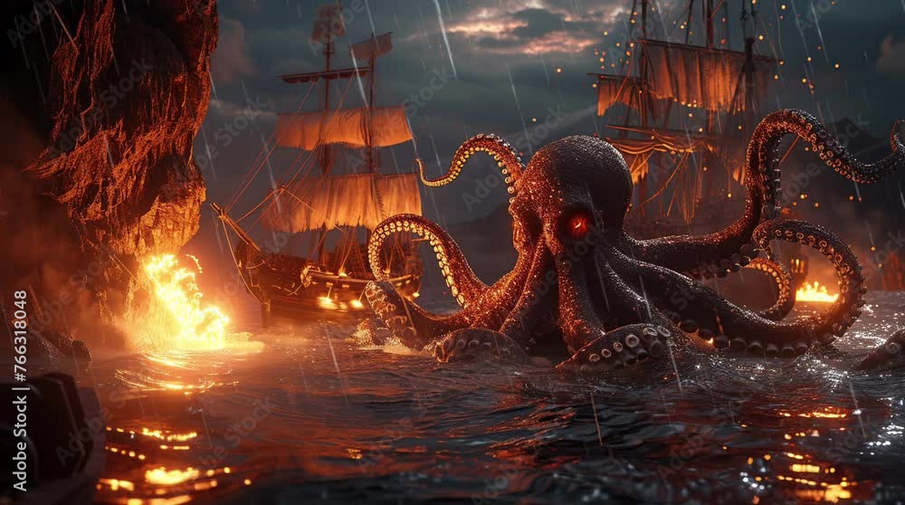 Epic battle scene: A massive octopus emerges from the depths, attacking ...
