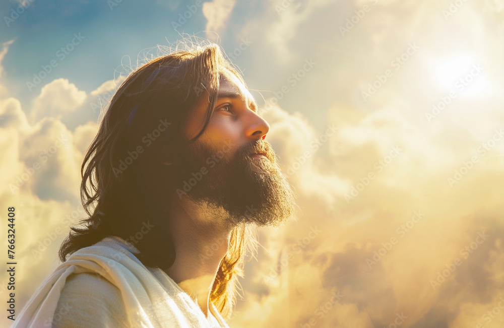 Portrait of Jesus Christ looking up against sunlight and heaven. Stock ...