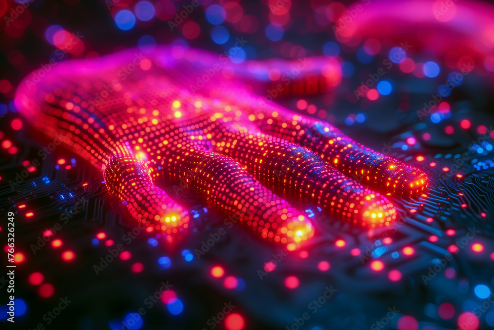 Digital purple pink glowing hand. Modern background of fingerprint ...