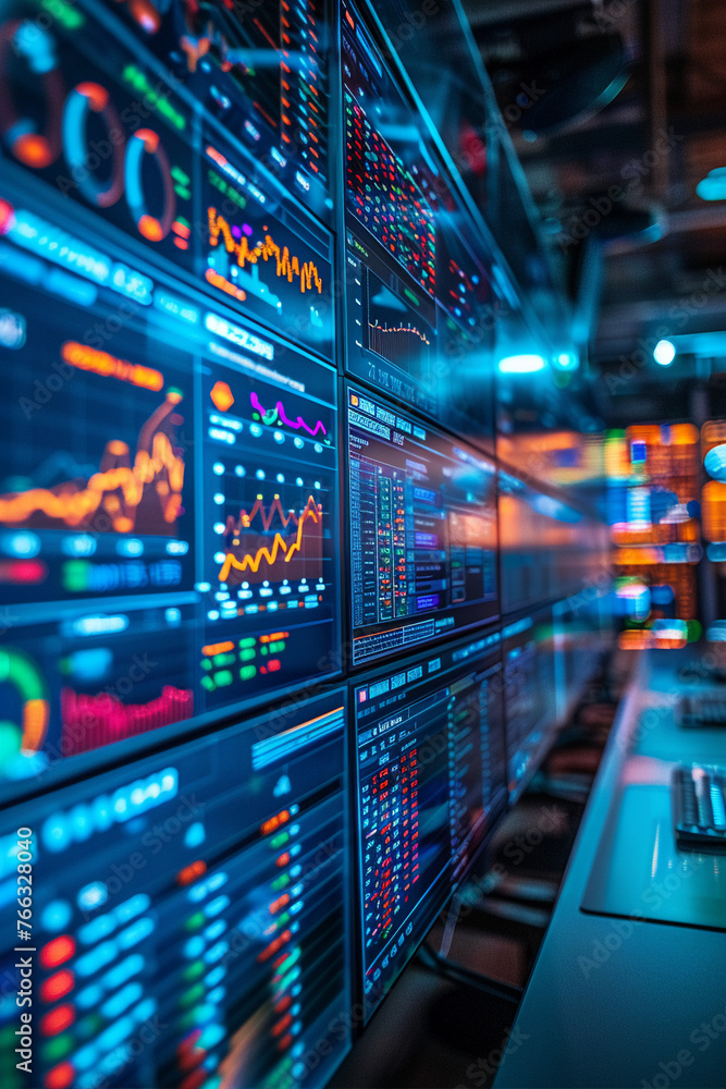 Economic infographic sprawling across multiple virtual screens, in a ...