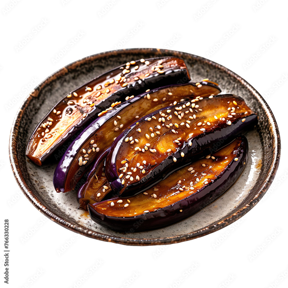front view of Nasu Dengaku (miso-glazed eggplant) with sesame seeds ...