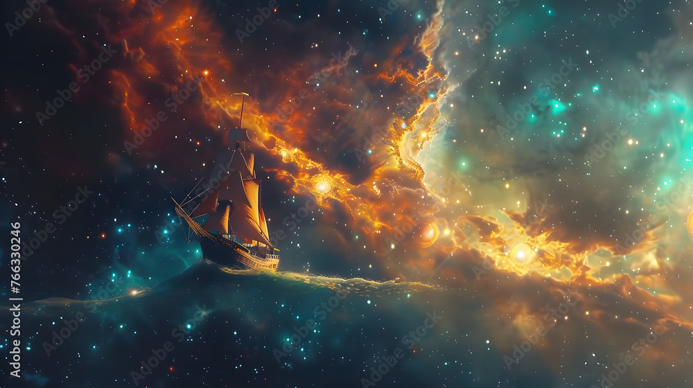 Pirate ship under the Vast Nebula in Cosmic Sky. imaginary dream world ...
