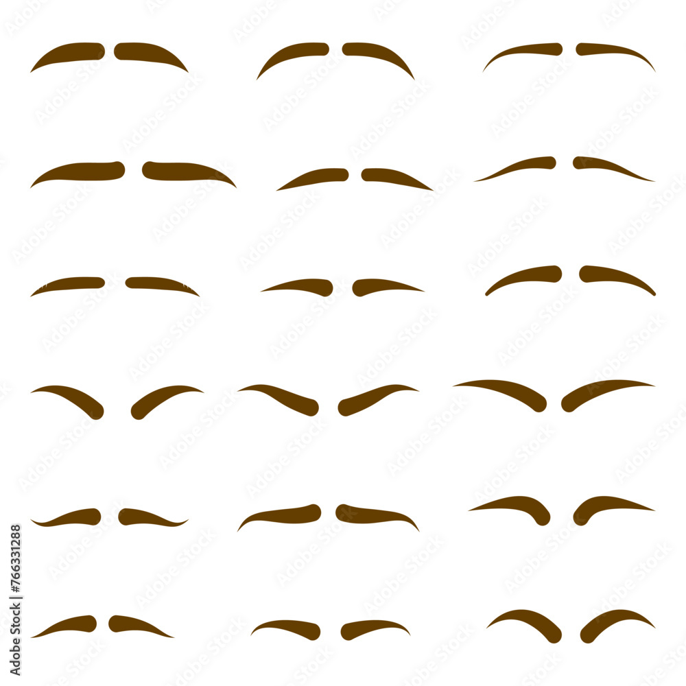Set of cartoon eyebrow shapes, thin, thick and curved eyebrows. Classic ...
