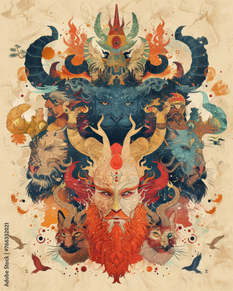 Vibrant mythology-inspired illustration featuring animal gods with ...