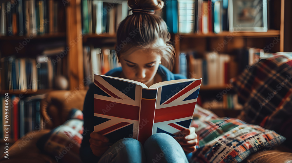 girl sitting and reading English book in study room, language learning ...