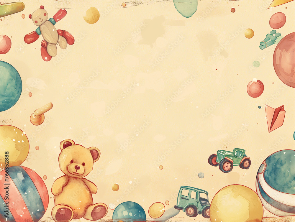 a vintage toys background including a teddy bear, a doll in a car, and ...