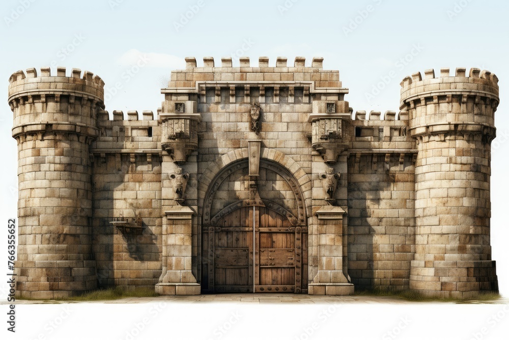 Grand medieval castle gate flanked by towers - Majestically detailed ...