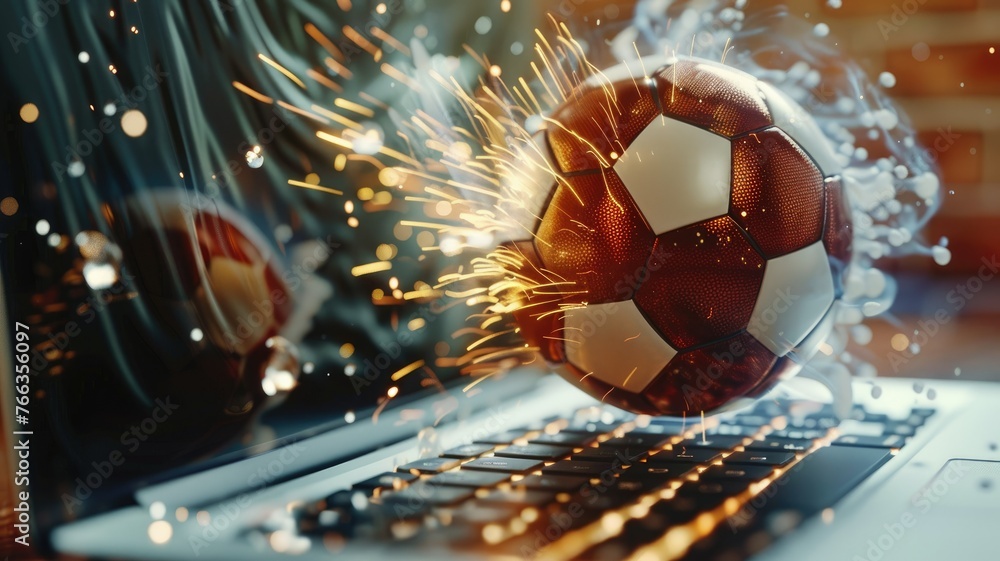 Soccer ball bursting with energy on laptop - Dynamic imagery of a ...