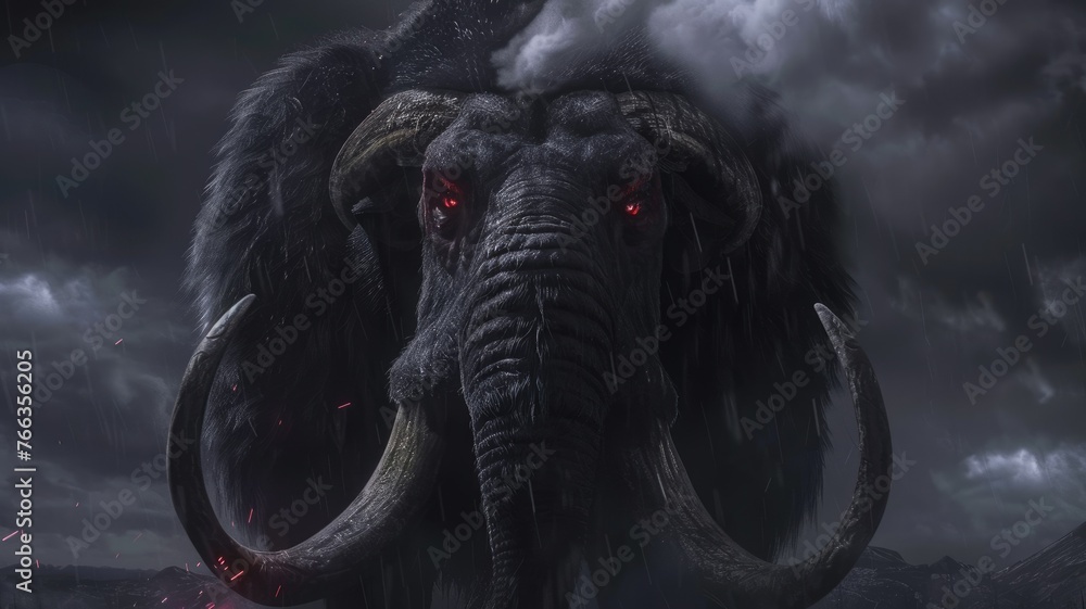Mighty mammoth with glowing eyes and stormy sky - The mammoth stands ...