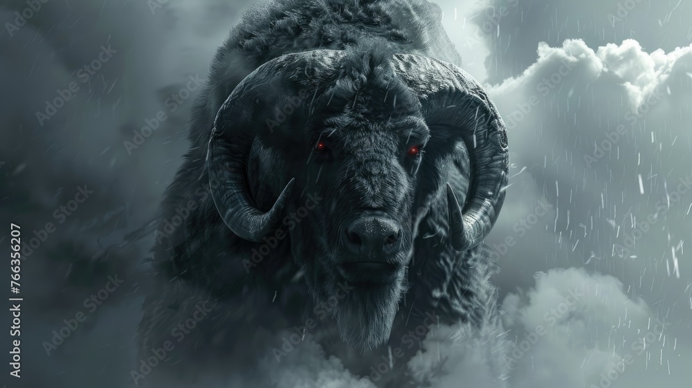 Majestic bison with glowing red eyes under rain - A surreal depiction ...